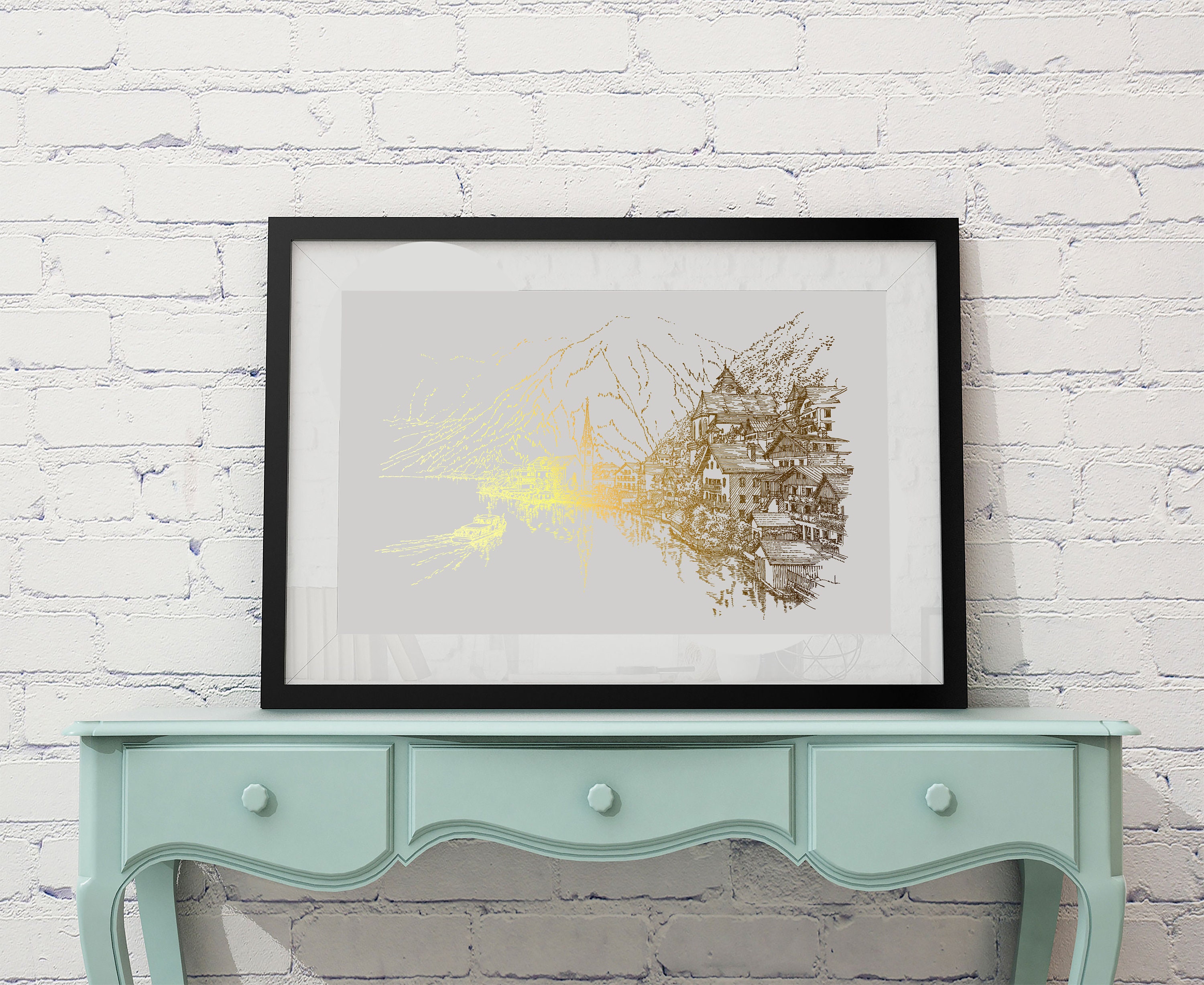 Hallstatt Austria Gold Foil Print, Austria Poster Illustration Print ...