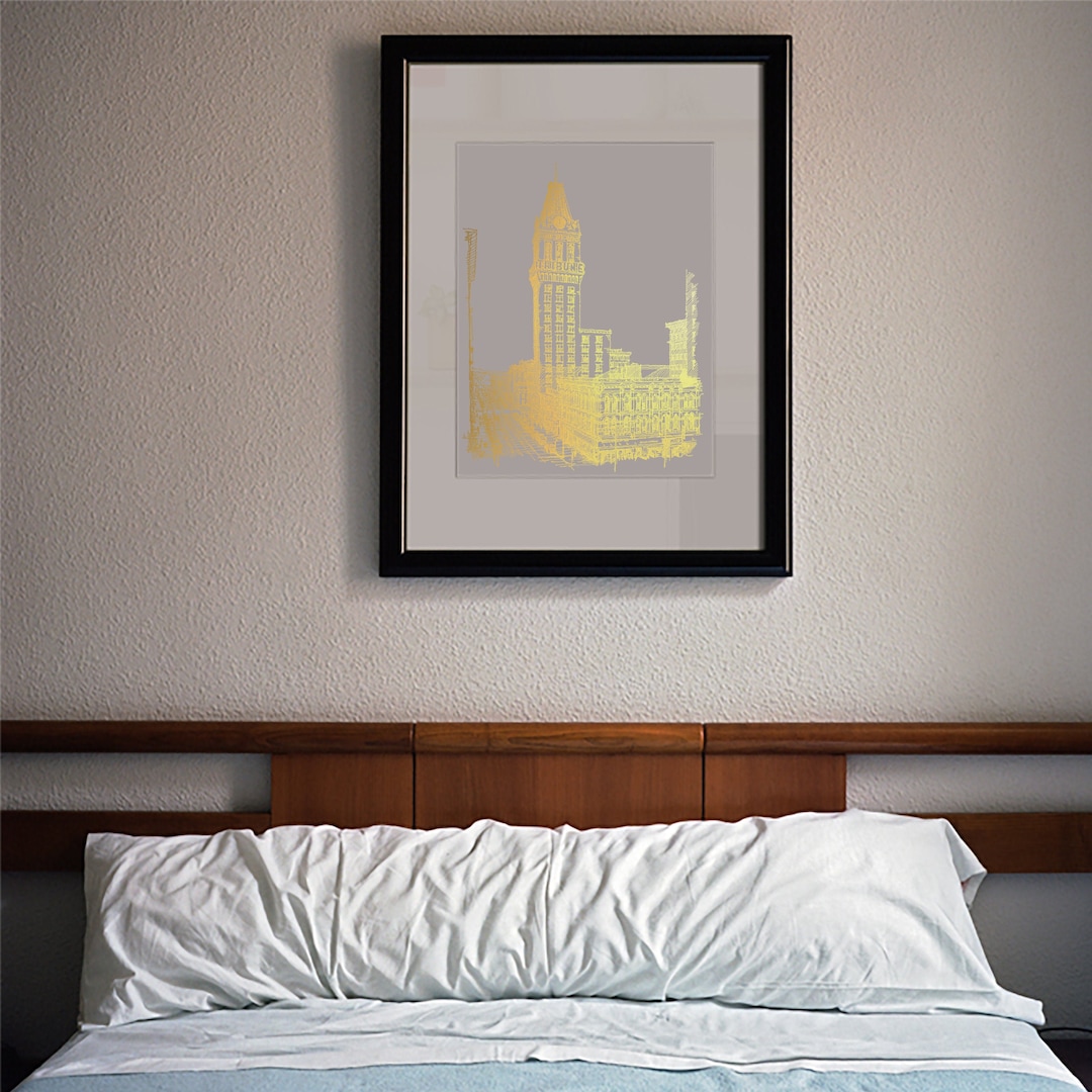 Oakland Tribune Tower Original Drawing Gold Foil Print, Skyline Poster ...