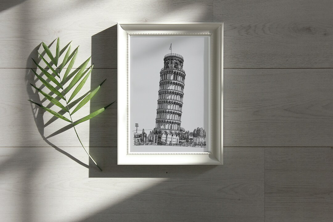 Leaning Tower of Pisa Print, Hand Drawn Art Prints, Monochrome ...