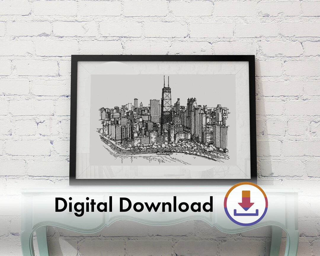 Chicago Digital Print, Printable Wall Art, Chicago Skyline Print, Pen ...