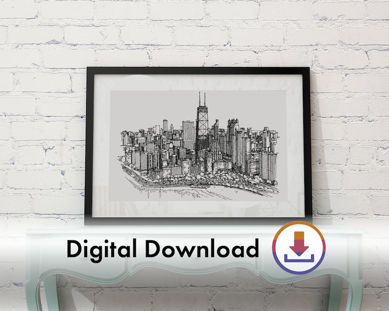 Chicago Digital Print, Printable Wall Art, Chicago Skyline Print, Pen ...
