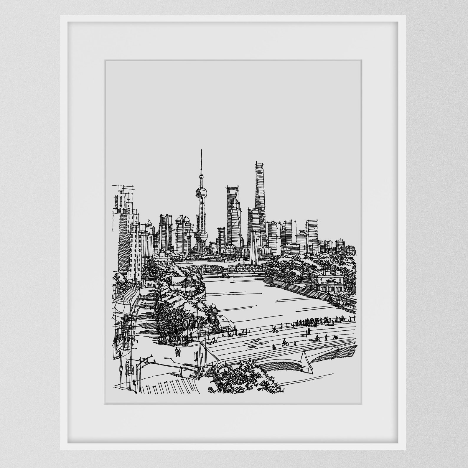 Shanghai Skyline Print Original Line art Pen & Ink Drawing | Etsy