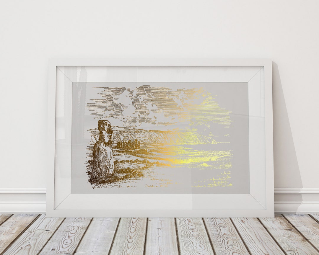 Easter Island Moai Statue Wall Art, Gold Foil Print, Easter Island Head ...