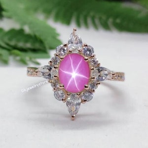 14k Rose Gold Pink Lindy Star Sapphire Ring, Pink Star Ring, Handmade ...