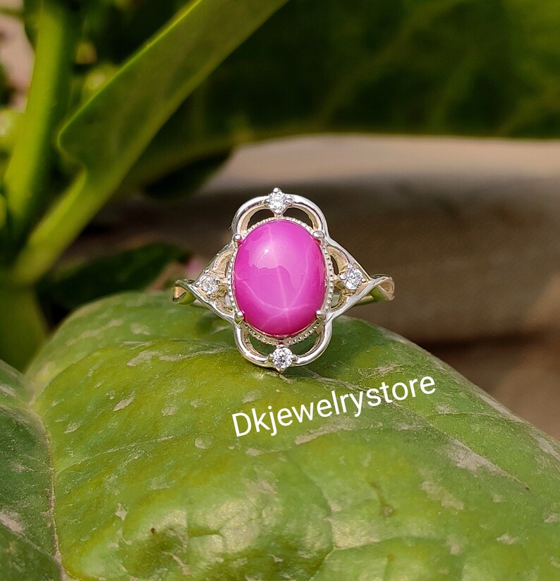 Pink Star Sapphire Ring Deco Diamond Sapphire Lab Star | Etsy
