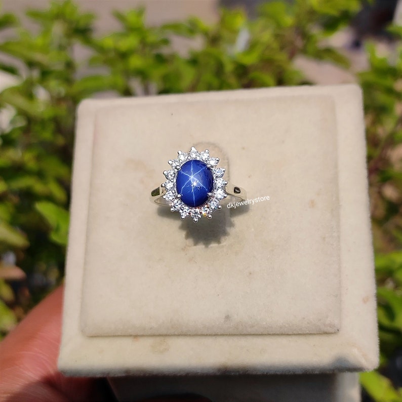 Halo Blue Star Sapphire Ring Star Gemstone Lindy Star Ring - Etsy