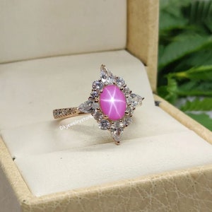 14k Rose Gold Pink Lindy Star Sapphire Ring, Pink Star Ring, Handmade ...