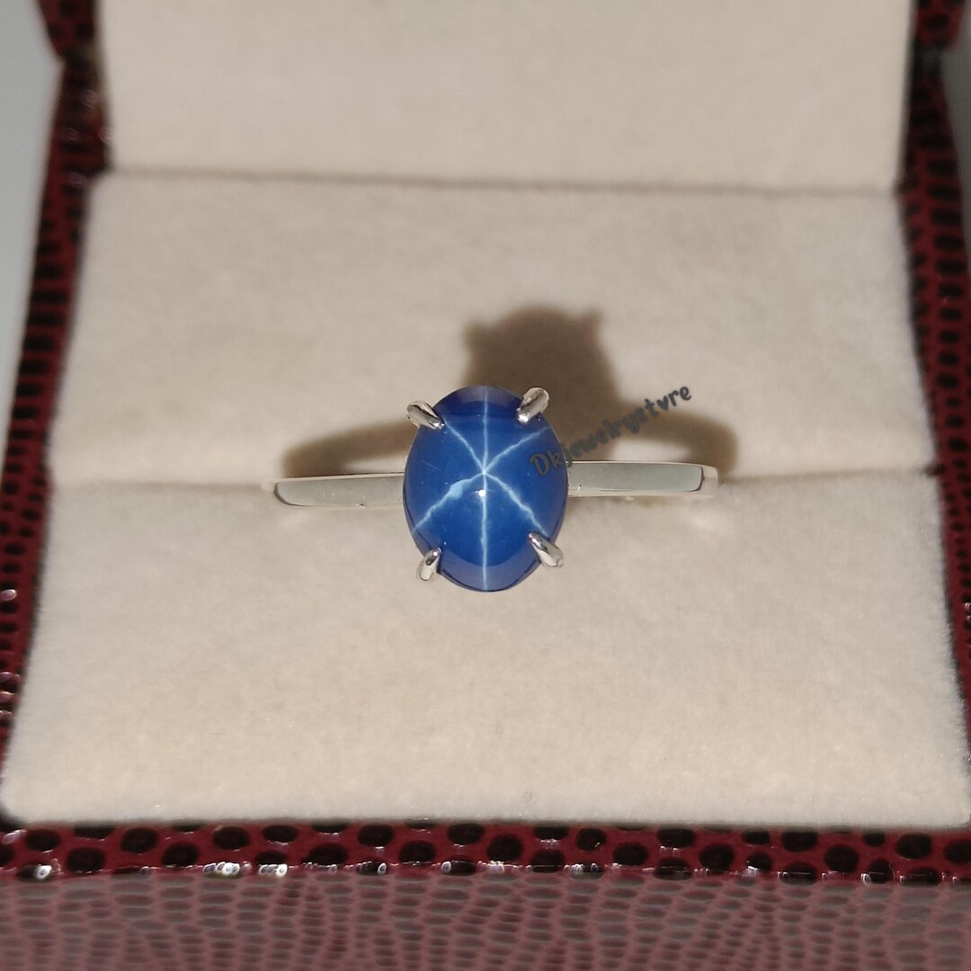 Oval Blue Star Sapphire Solitaire Ring, Handmade Lindy Star Ring, 925 ...