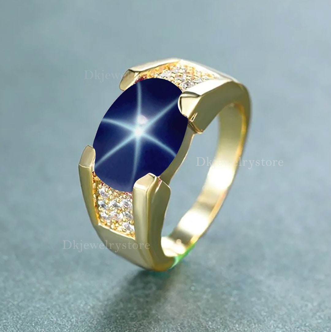 Men's 14k Yellow Gold Blue Star Sapphire Ring, Handmade Solid Men Ring ...