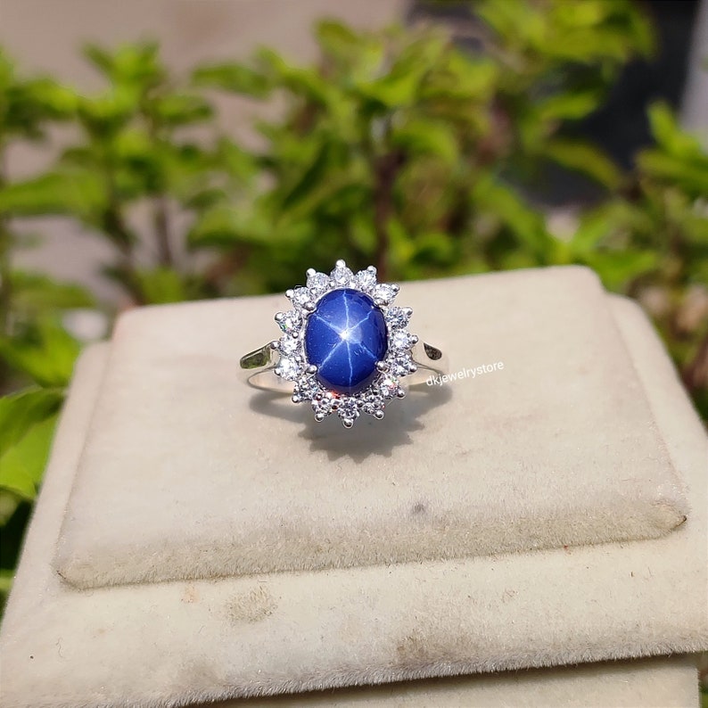 Halo Blue Star Sapphire Ring Star Gemstone Lindy Star Ring - Etsy