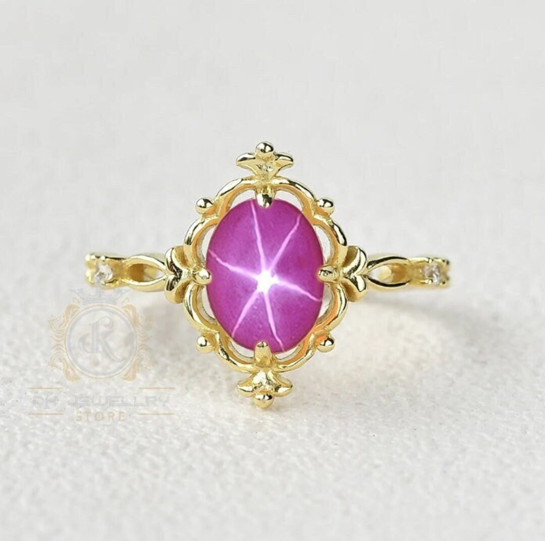 10k Yellow Gold Star Sapphire Ring, Pink Lindy Star Sapphire, Handmade ...