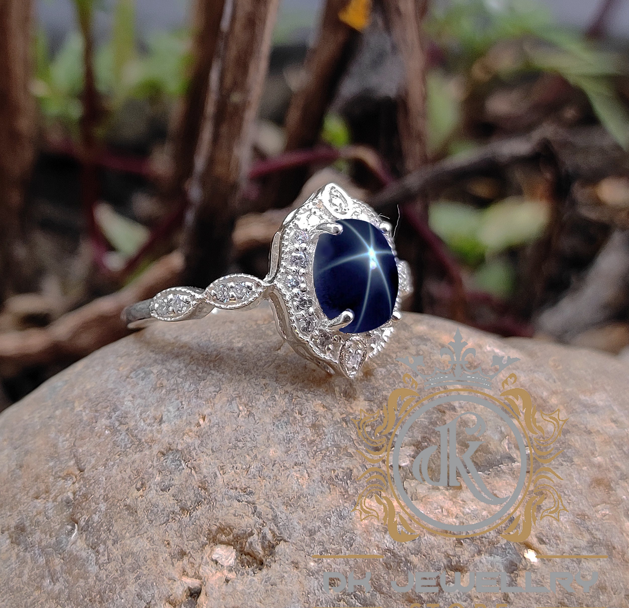 14k Gold Blue Star Sapphire Ring Star Engagement Ring Lab - Etsy