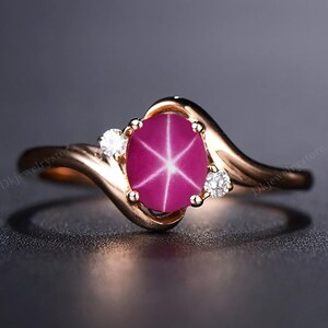 14k Rose Gold Pink Star Sapphire Ring, Sterling Silver CZ Accents - Etsy