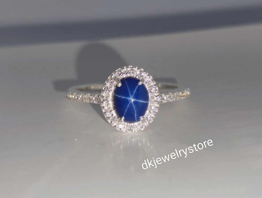 Blue Star Sapphire Halo Engagement Ring, Sterling Silver Gemstone Ring ...