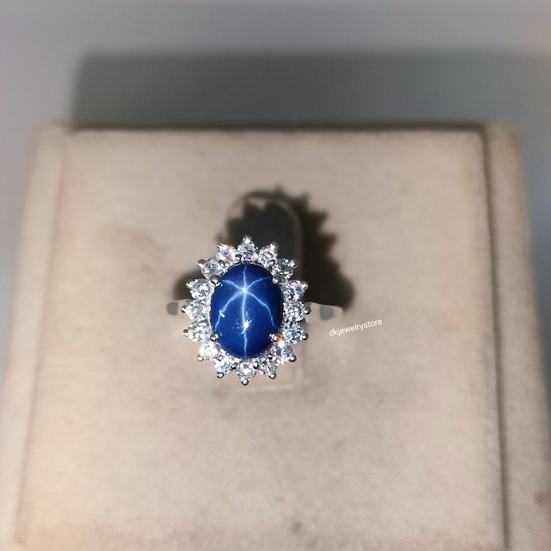 Halo Blue Star Sapphire Ring Star Gemstone Lindy Star Ring - Etsy