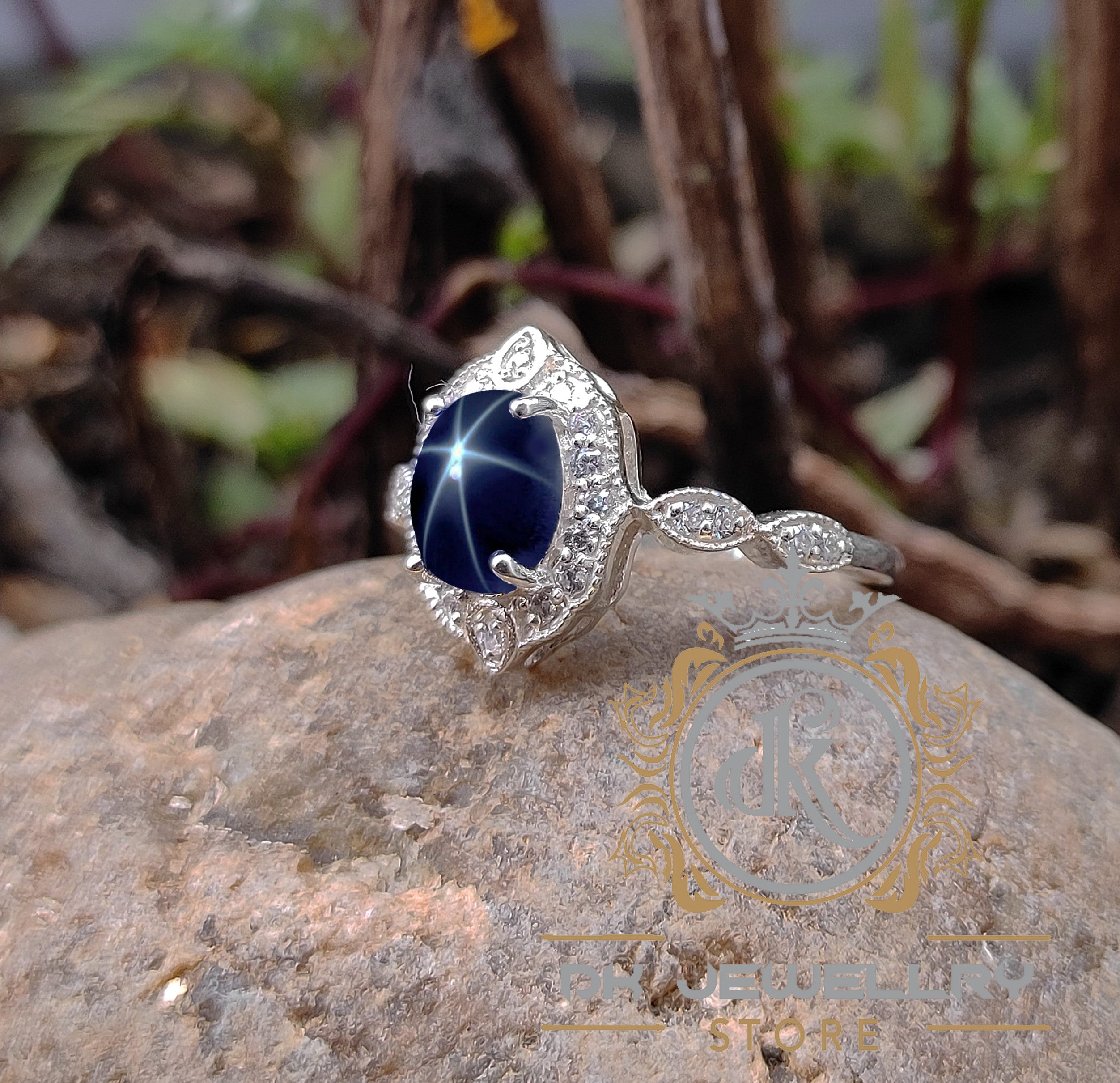 14k Gold Blue Star Sapphire Ring Star Engagement Ring Lab - Etsy