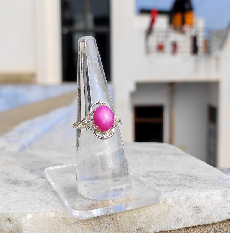 Pink Star Sapphire Ring Deco Diamond Sapphire Lab Star | Etsy