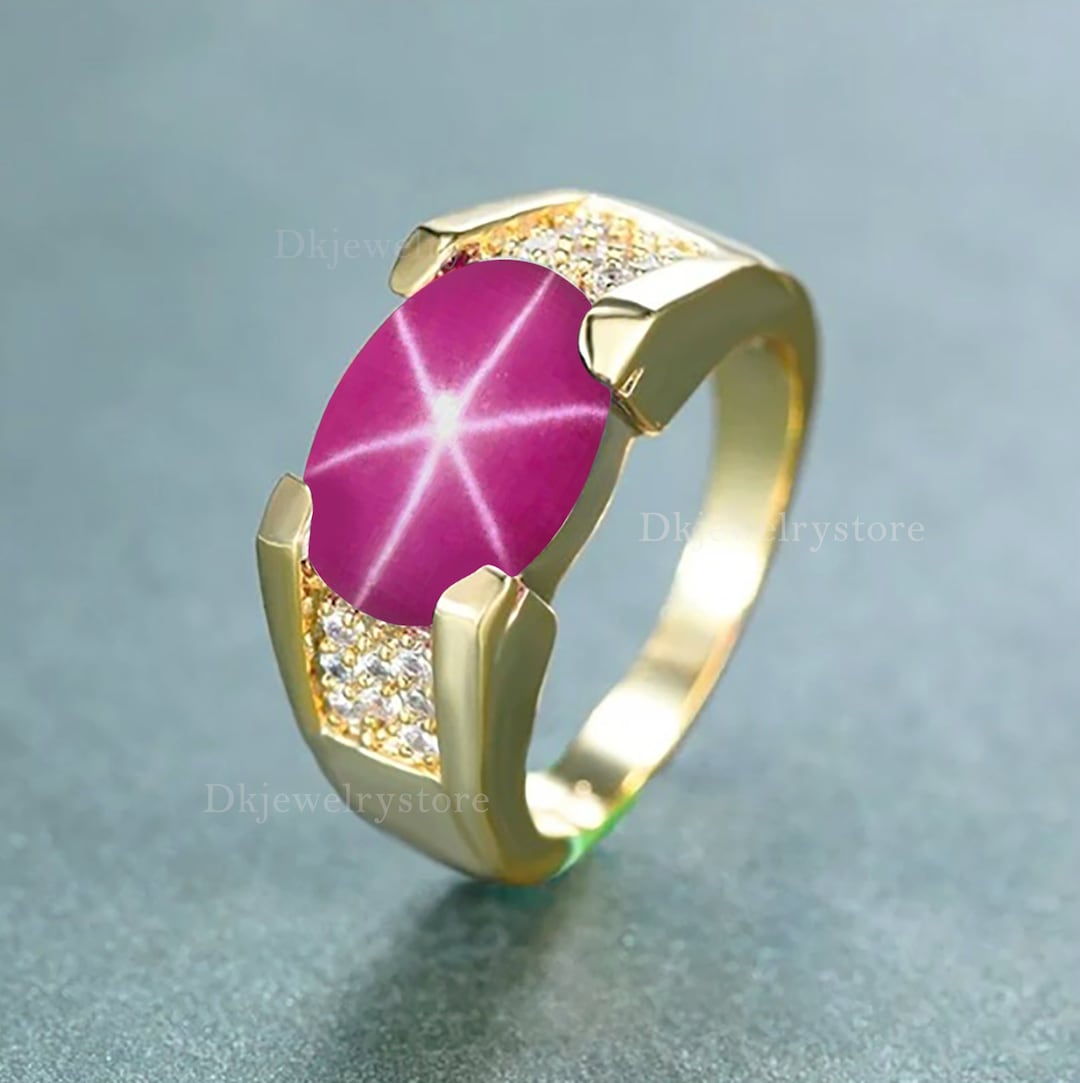 Men Pink Star Sapphire Ring, 14k Yellow Gold, Lindy Star Sapphire, 6 ...