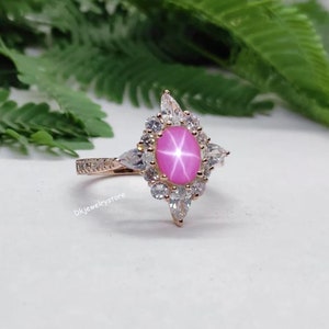 14k Rose Gold Pink Lindy Star Sapphire Ring, Pink Star Ring, Handmade ...