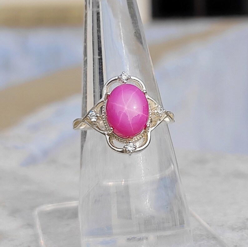 Pink Star Sapphire Ring Deco Diamond Sapphire Lab Star | Etsy