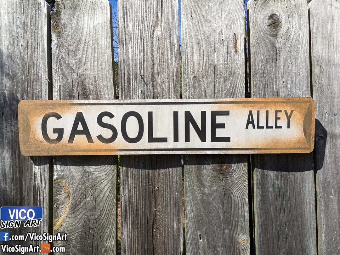 Gasoline Alley - Hand-painted Sign Art, Faux Rusted Metal Style Wall ...