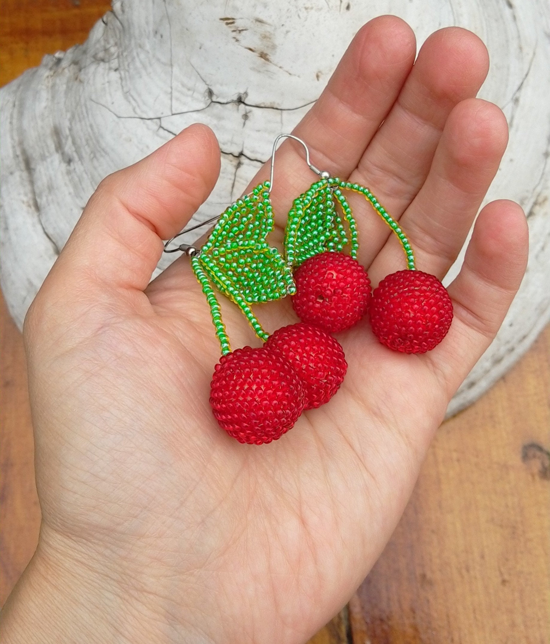 Red Sweet Cherry Earrings. Double Cherry Beaded Earrings, Dangle Drop ...