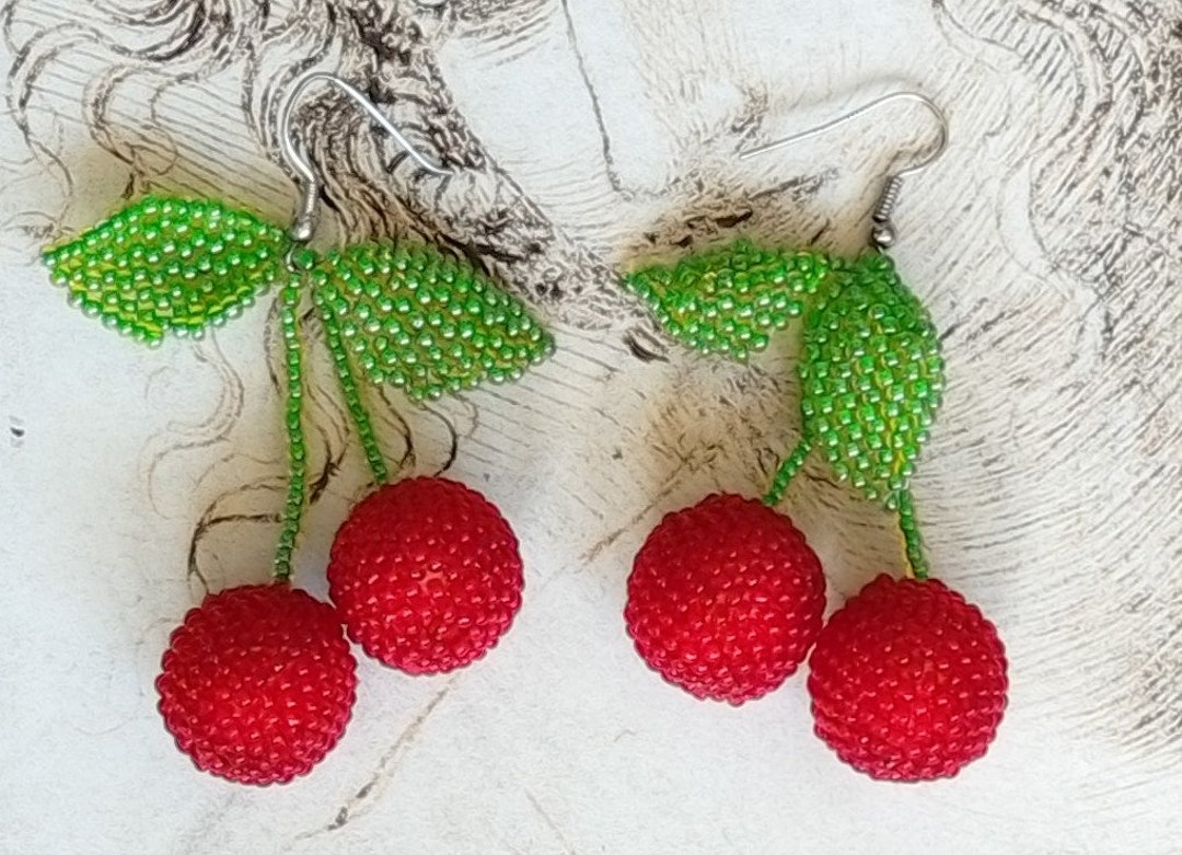 Red Sweet Cherry Earrings. Double Cherry Beaded Earrings, Dangle Drop ...
