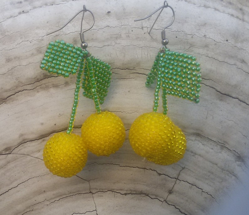 Yellow Sweet Cherry Earrings. Double Cherry Beaded Earrings, Dangle ...