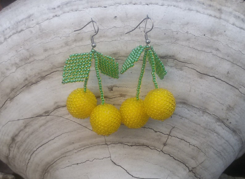 Yellow Sweet Cherry Earrings. Double Cherry Beaded Earrings, Dangle ...