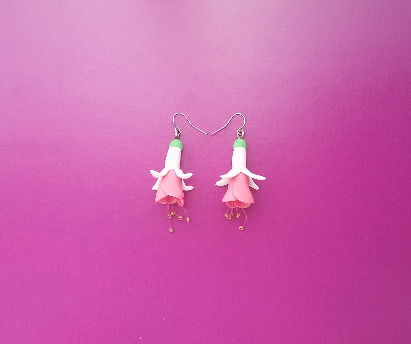 Fuchsia Flower Earrings in White and Pink. Dangle Floral Earrings for ...