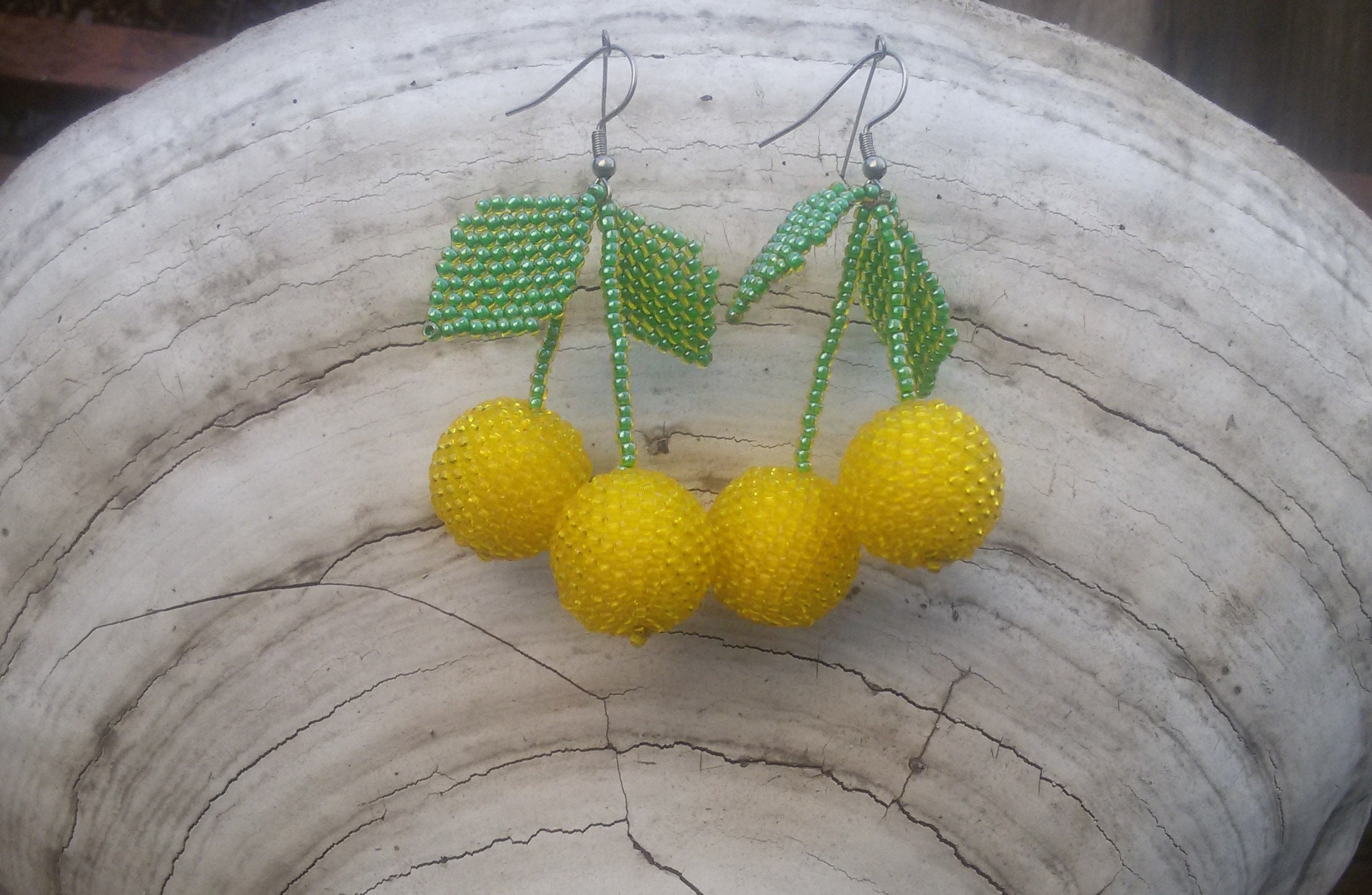 Yellow Sweet Cherry Earrings. Double Cherry Beaded Earrings, Dangle ...