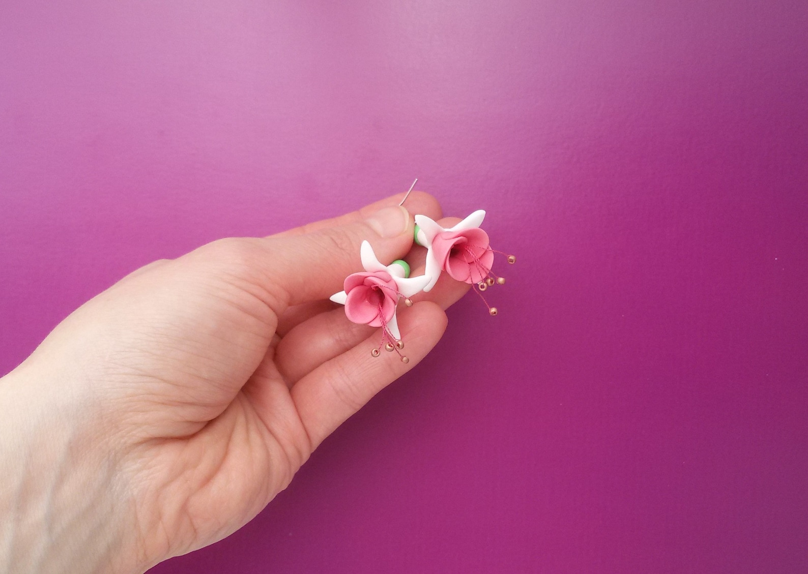 Fuchsia Flower Earrings in White and Pink. Dangle Floral Earrings for ...