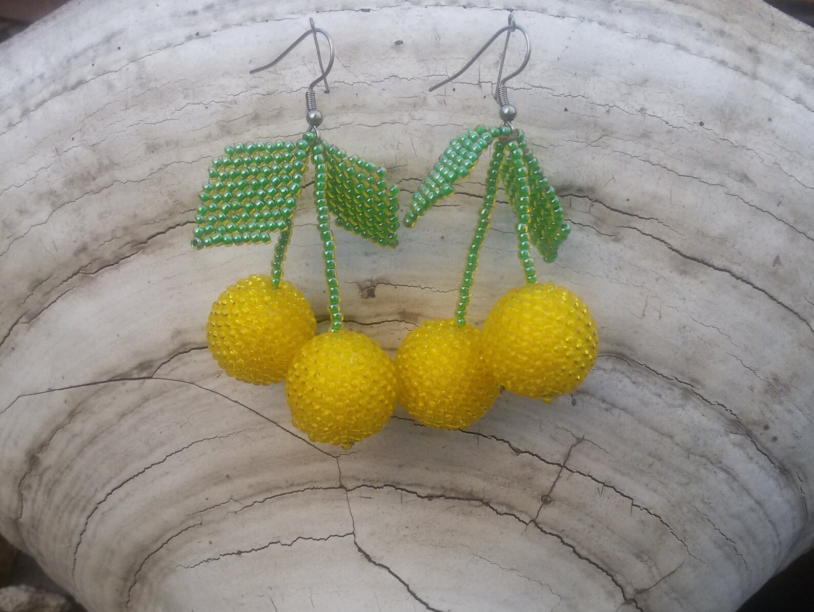 Yellow Sweet Cherry Earrings. Double Cherry Beaded Earrings, Dangle ...