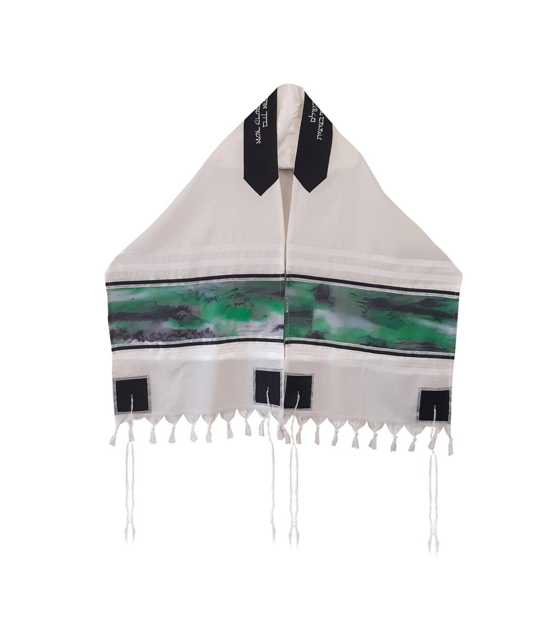 Modern Tallit With Green Marble Hand Painted Silk, Wool Tallit, Bar ...