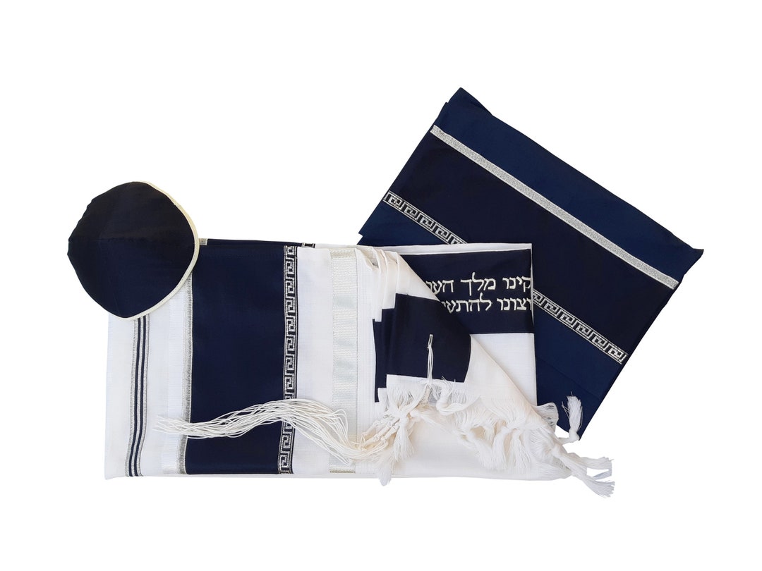 Handmade Wool Tallit With Dark Blue and Unique Silver Geometric ...