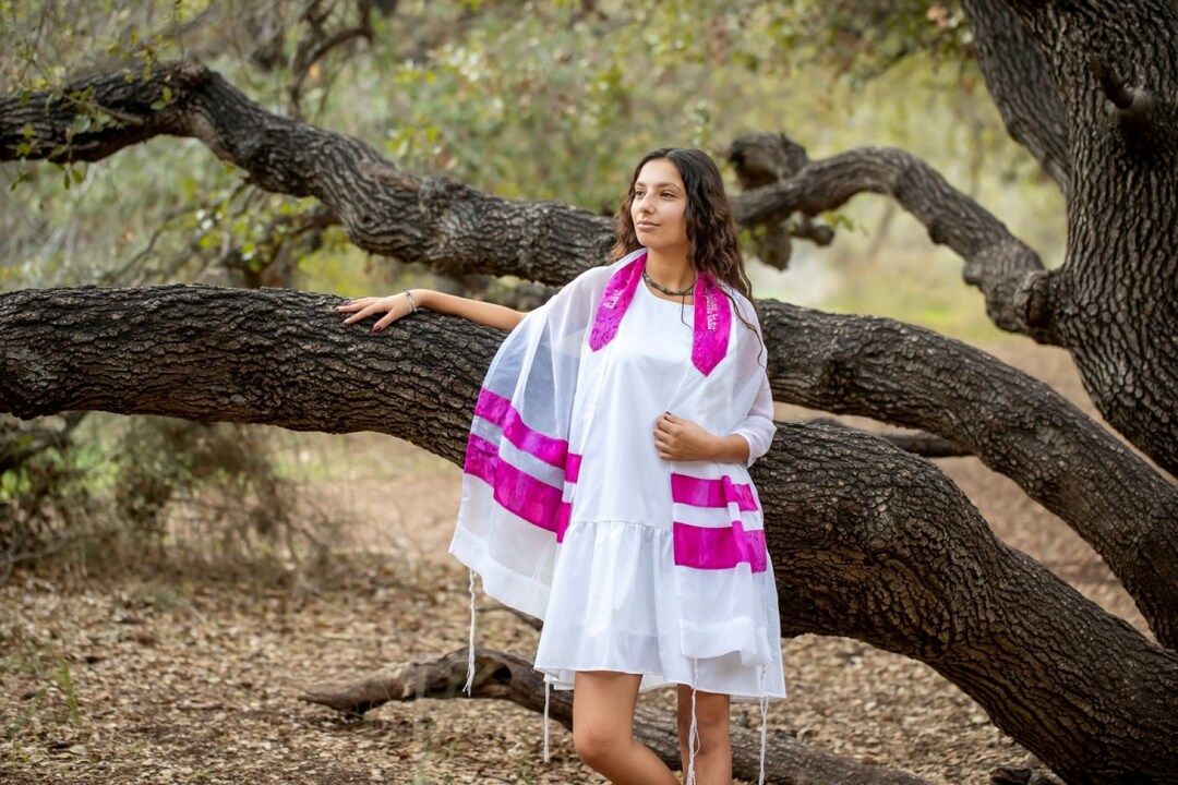 Hand Painted Tallit for Woman, Pink Silk Stripes Tallit for Bat Mitzvah ...