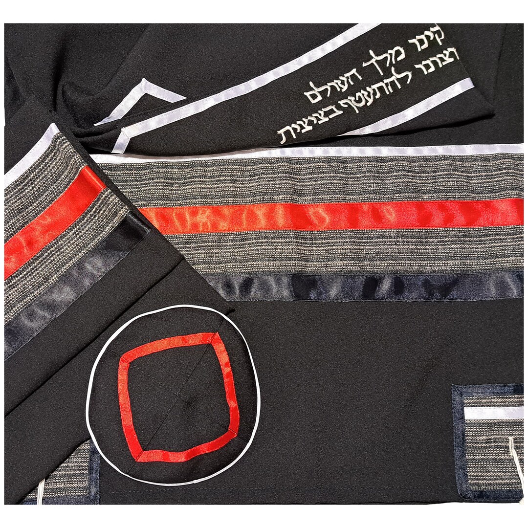 Black Tallit for Man, Personalized Tallit With Gray and Red Stripes ...