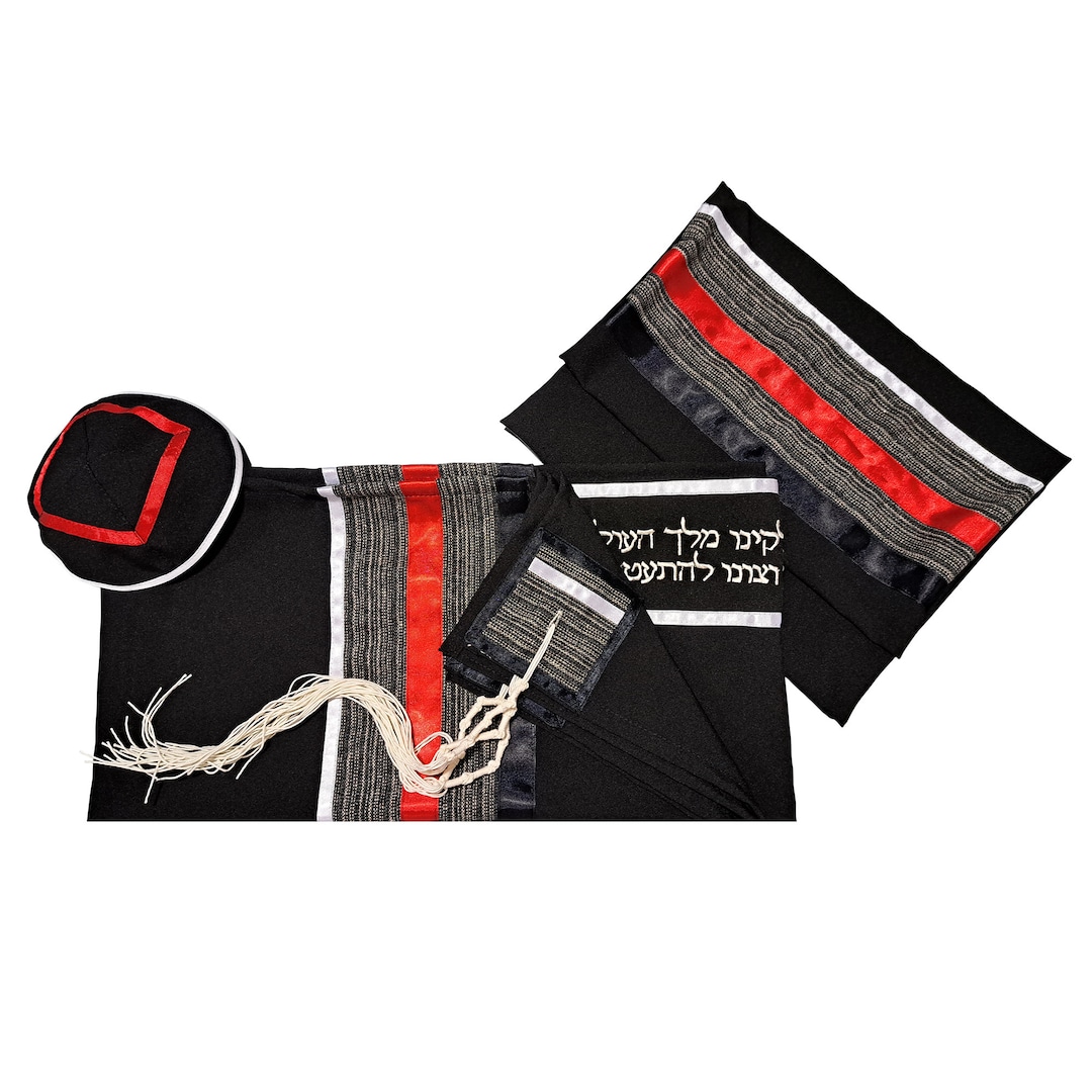 Black Tallit for Man, Jewish Prayer Shawl With Gray and Red Stripes ...