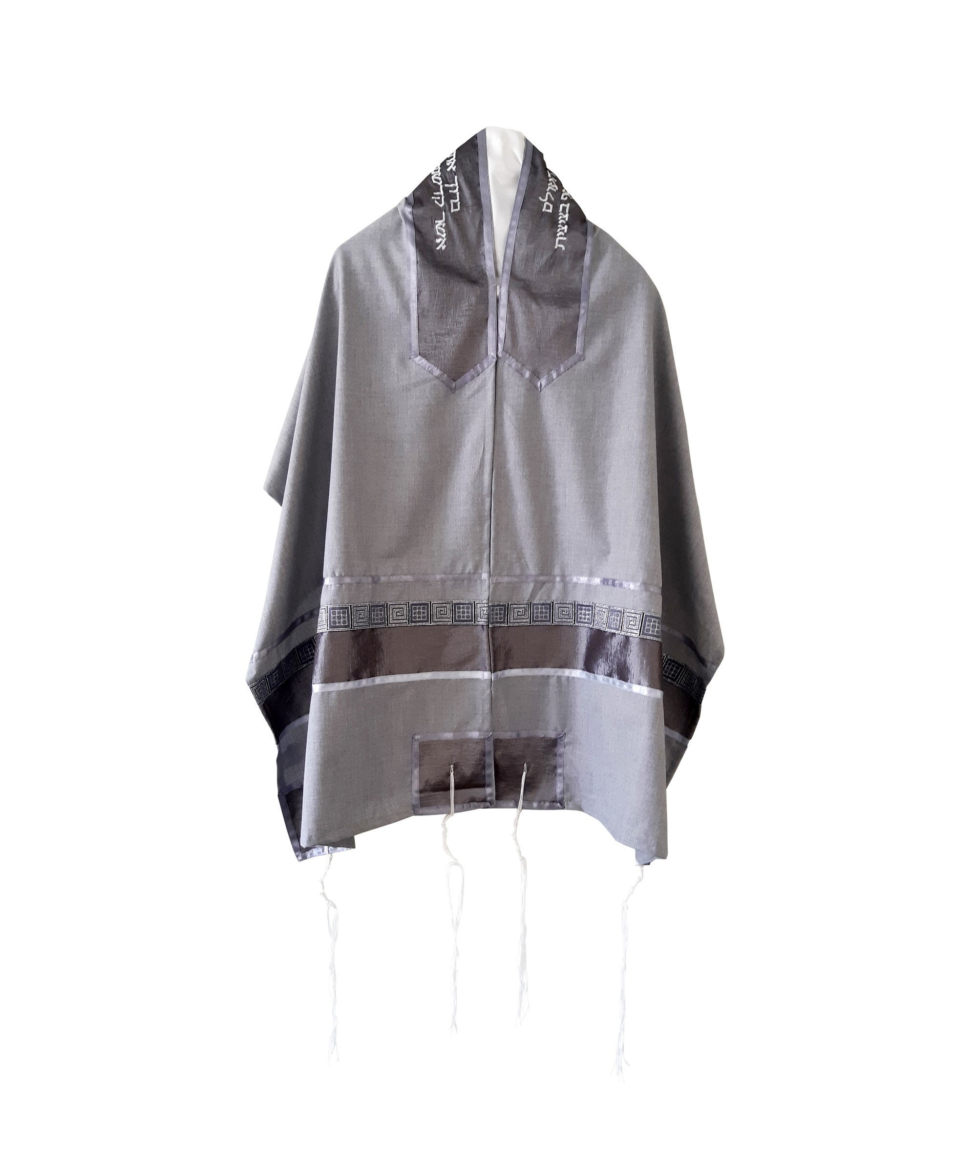 Modern Gray Jewish Prayer Shawl With Geometric Decorations in Silver ...
