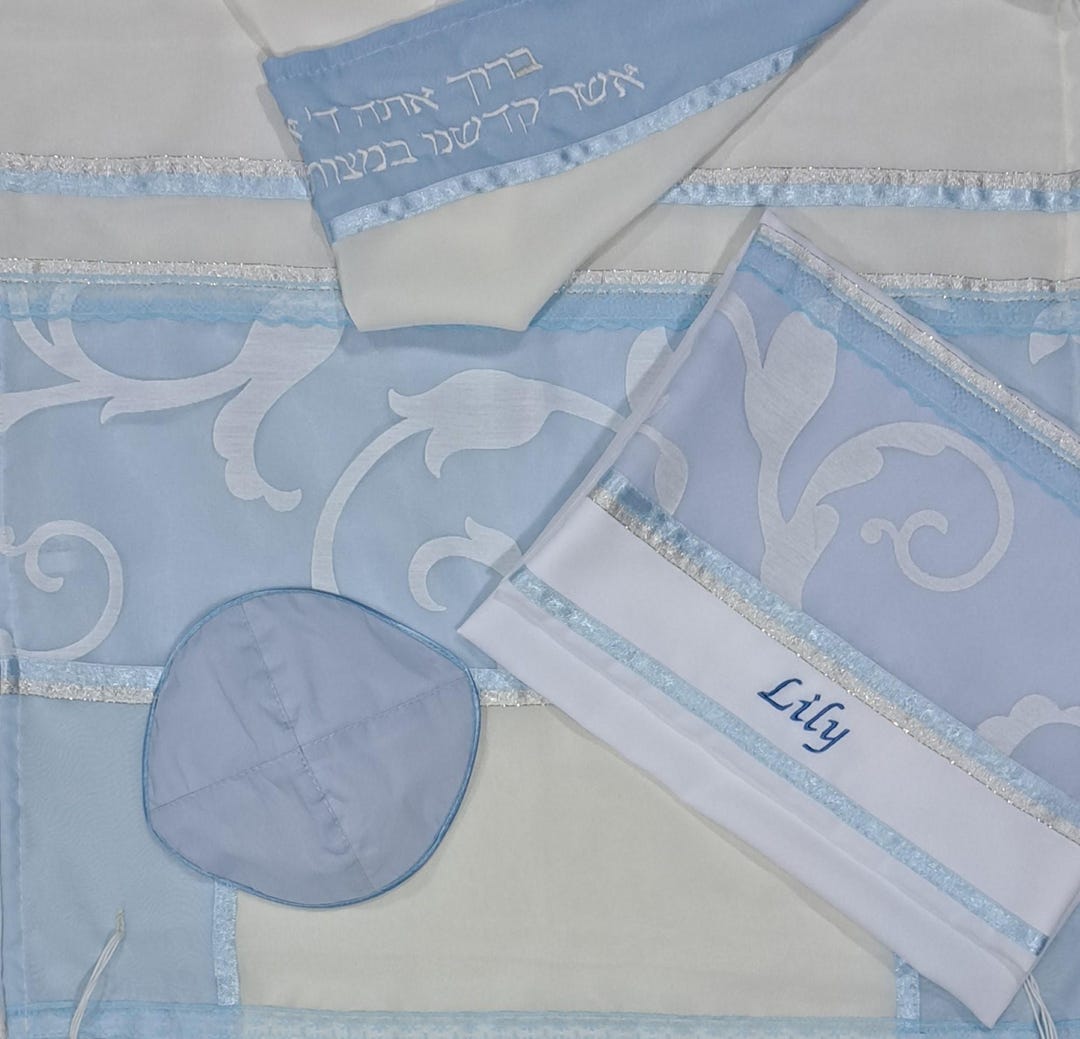 Personalized Baby Blue Floral Paper Cut Tallit for Bat Mitzvah, Handmade in Israel Silk Talit ...