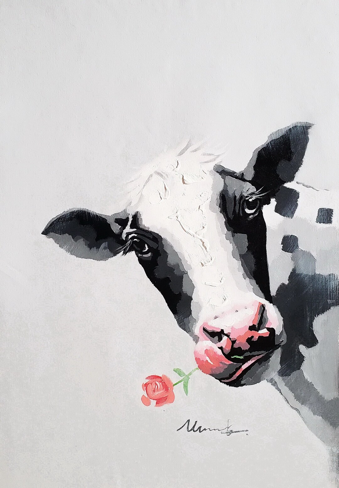 Cow and Rose, 36x24 - Acrylic & Oil Mixed Painting on Giclee Canvas - Etsy