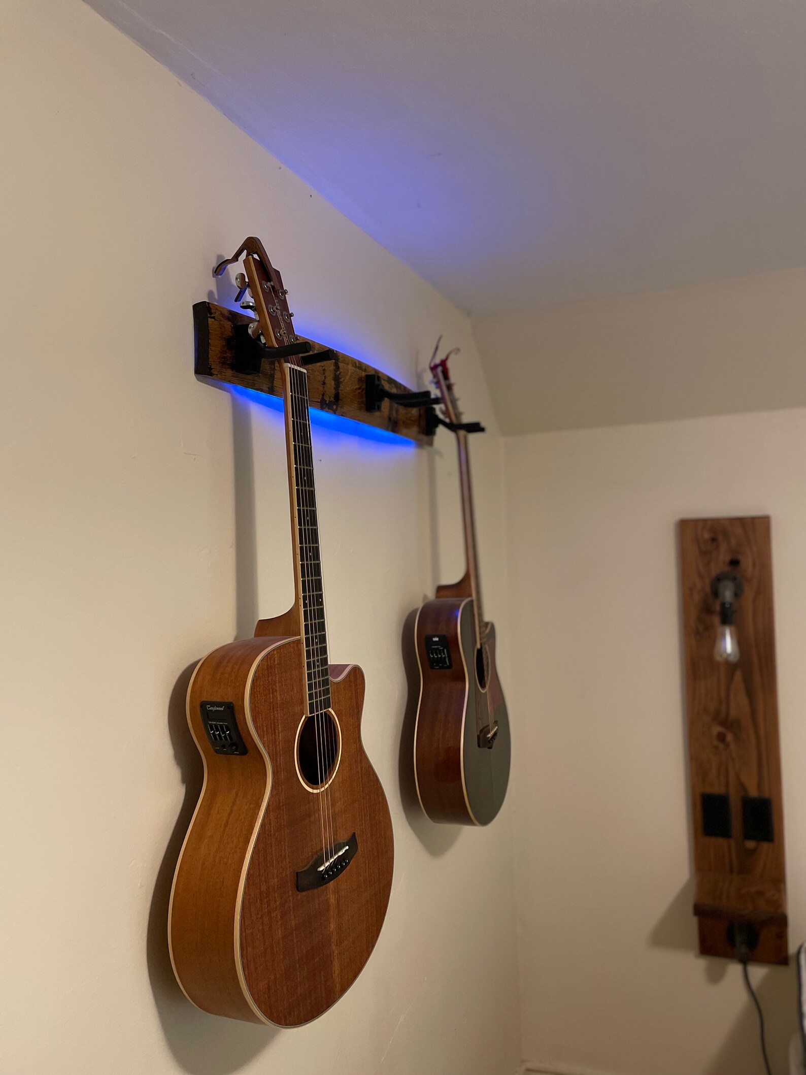 Double Guitar Hanger With Lighting | Back-lighted Whiskey Barrel Stave ...