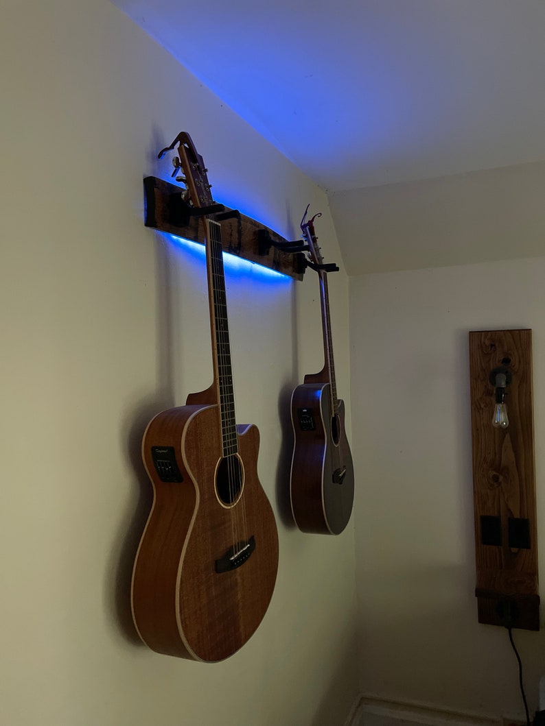 Double Guitar Hanger With Lighting | Back-lighted Whiskey Barrel Stave ...