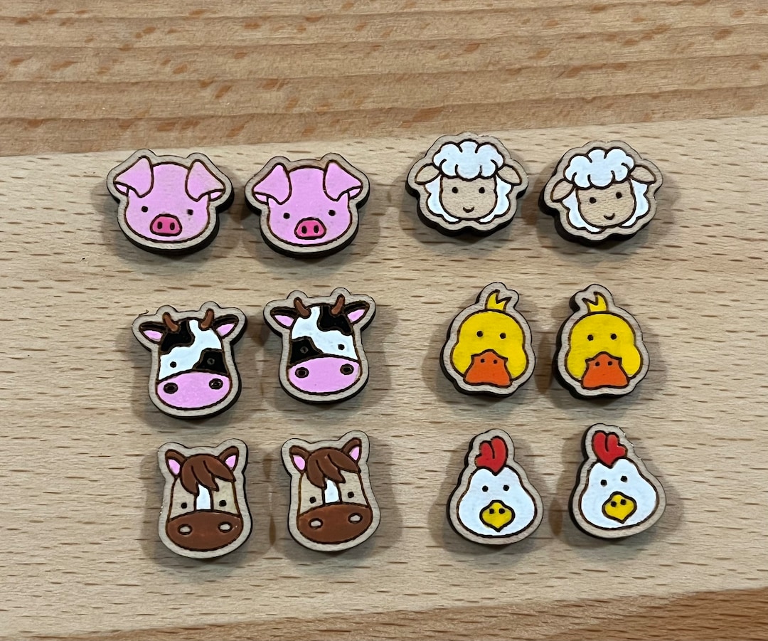 Hand-painted Wood Farm Animal Stud Earrings, Hypoallergenic - Etsy