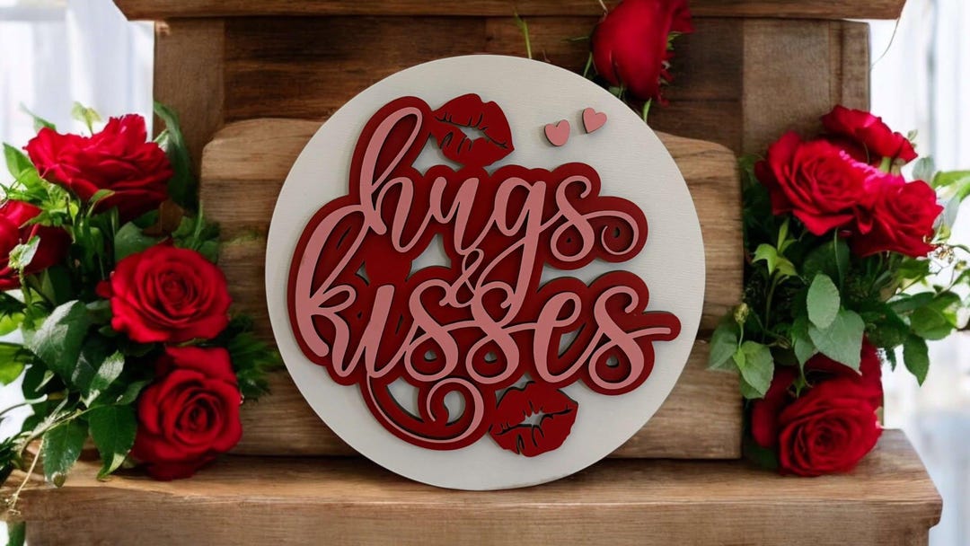 Hugs and Kisses 3D Valentines Wood Sign Round Tabletop or Door Décor ...