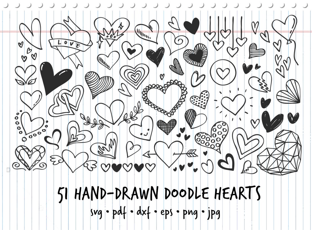 Big Set of 51 Hand-drawn Valentine Doodle Hearts | Svg, Pdf, Eps, Dxf ...