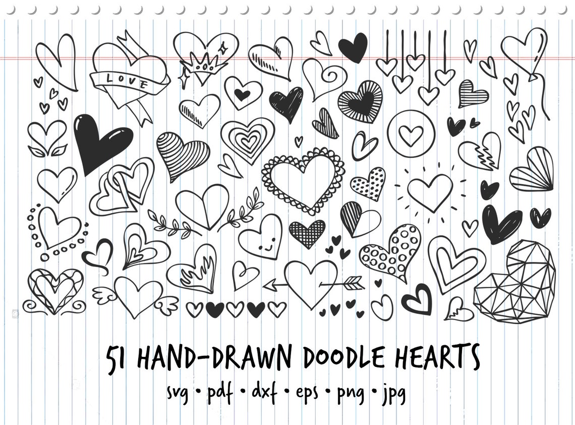 Big Set of 51 Hand-drawn Valentine Doodle Hearts | Svg, Pdf, Eps, Dxf ...