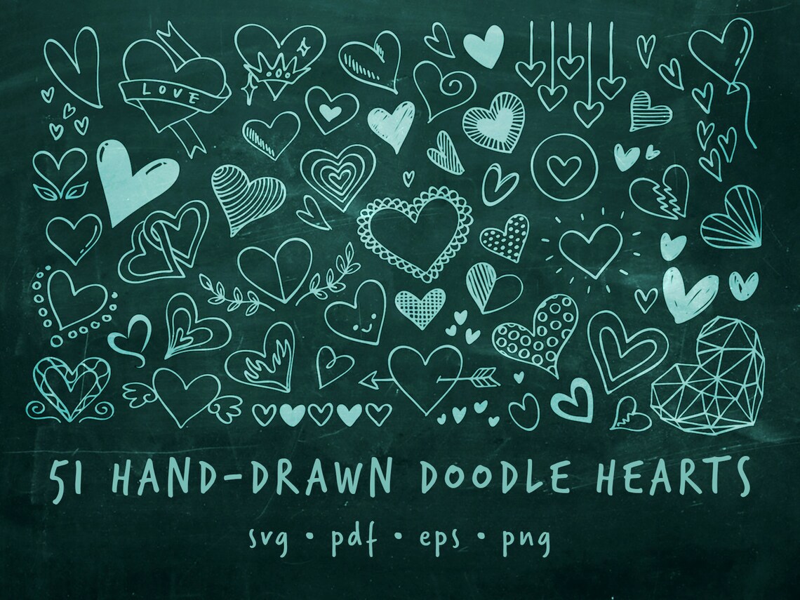 Big Set of 51 Hand-drawn Valentine Doodle Hearts | Svg, Pdf, Eps, Dxf ...