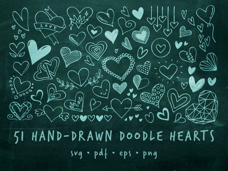 Big Set of 51 Hand-drawn Valentine Doodle Hearts | Svg, Pdf, Eps, Dxf ...