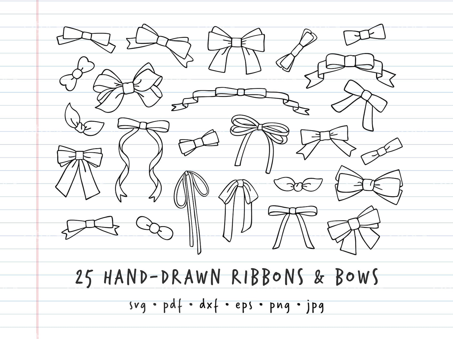 Set of 25 Hand-drawn Vector Doodle Ribbons, Bows, & Bowties | Svg, Pdf ...
